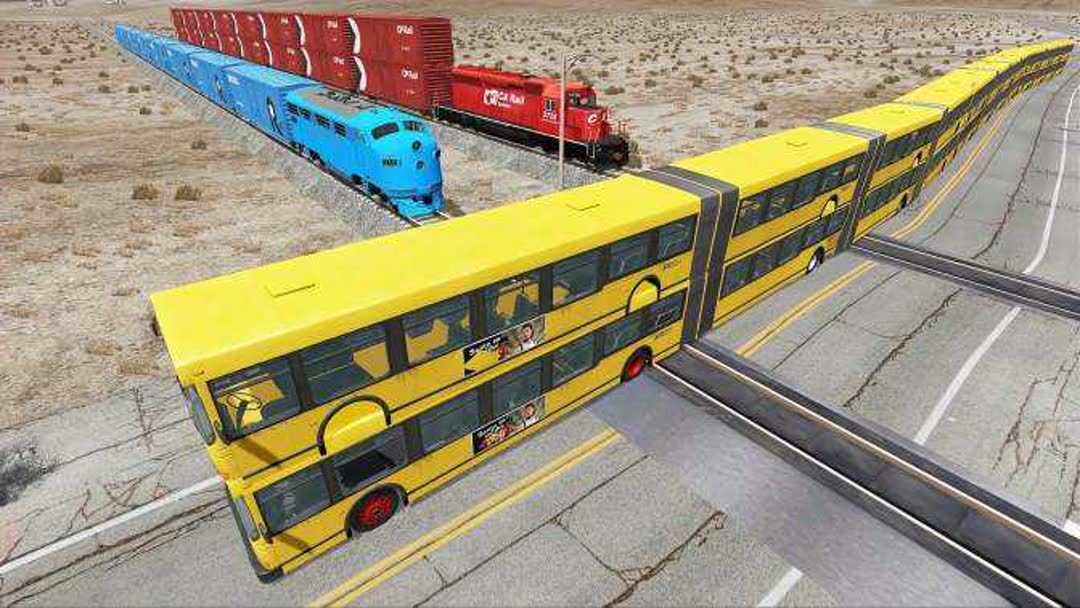BeamNG:火车事故模拟,100米超长大巴车和卡车相撞堵在铁轨上