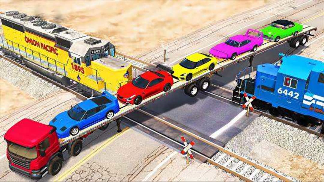 不看路的火车司机,大货车硬闯铁轨时和两列火车相撞,车祸模拟器