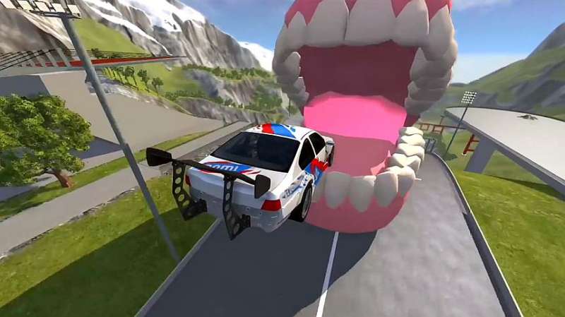 BeamNG:小跑车开足马力飞跃冲向牙科超大牙齿模型,拟真车祸模拟