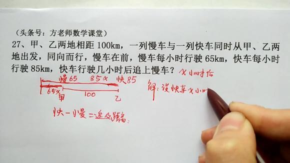 数学7上:快车多久追上慢车?熟练一元一次方程,相遇和追及问题