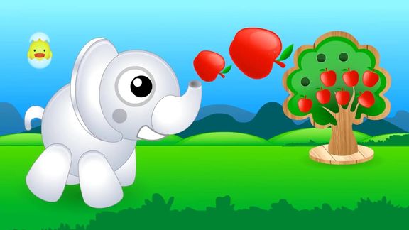 益智色彩数字早教动画,大象宝宝排队吃树上的水果学颜色数字