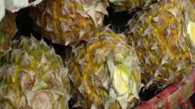水果贩大妈现场切菠萝,刀子一划一挑,刀法了得!