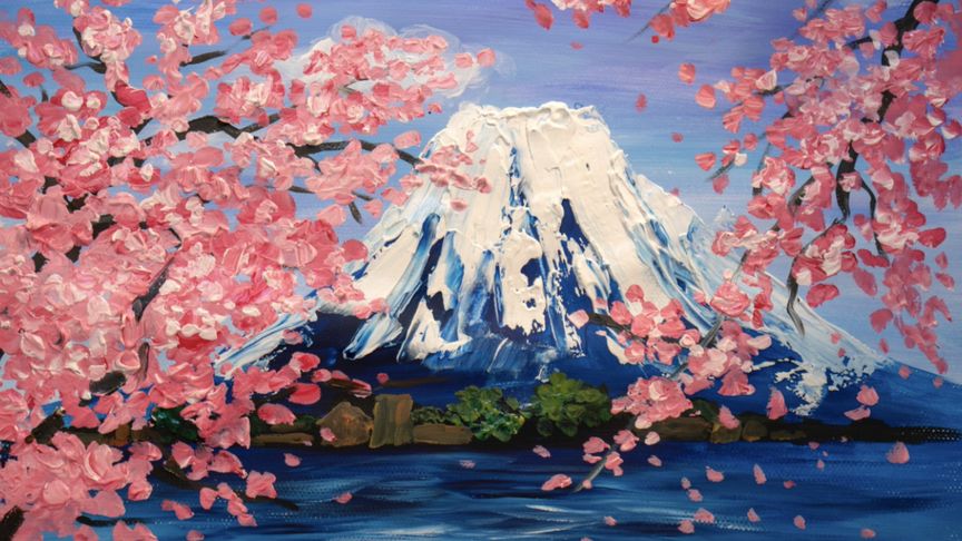 如何用水粉快速画出富士山和美丽的樱花