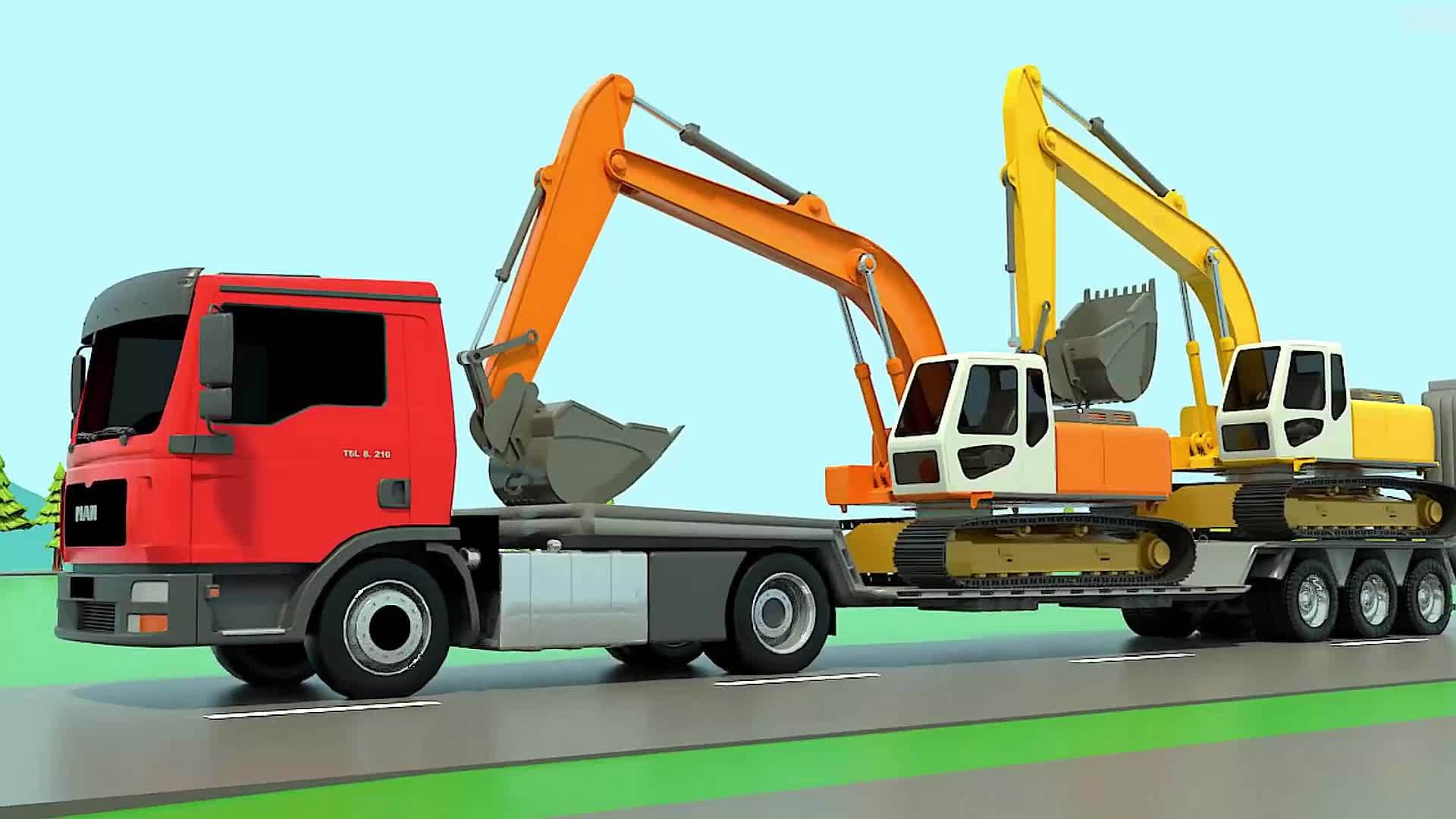 挖掘机、工程车修建加油站,挖掘机表演,儿童早教益智动画