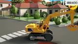 迷你挖掘机,翻斗卡车,钻井机修复马路,儿童工程车动画片