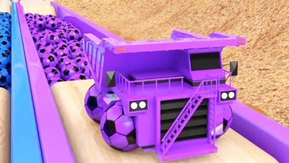汽车动画:迷你工程车经过足球池车轮变成了彩色足球