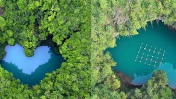 张家界网红“心湖”变鱼塘?当地政府:有人放置网箱,已前往拆除
