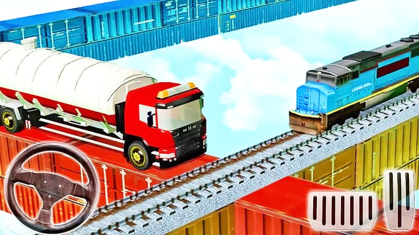模拟游戏在集装箱拼成的道路上驾驶卡车