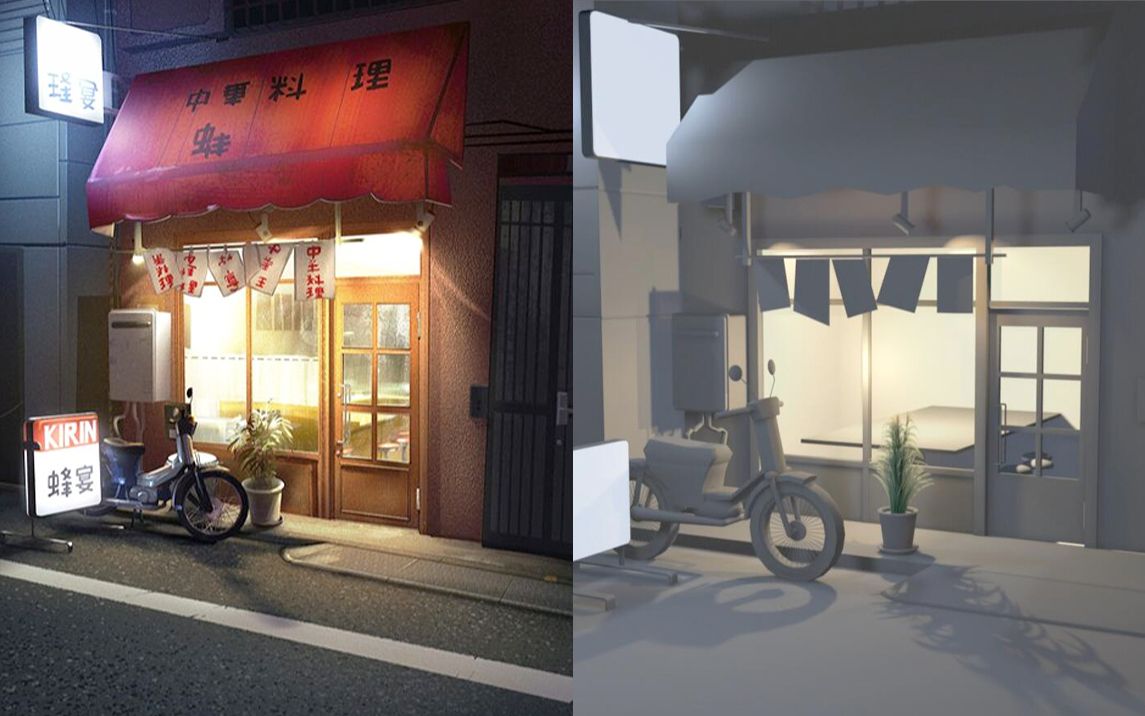 【Maya建模】日料店场景建模,模型布线|UV|材质贴图,房子模型建模...