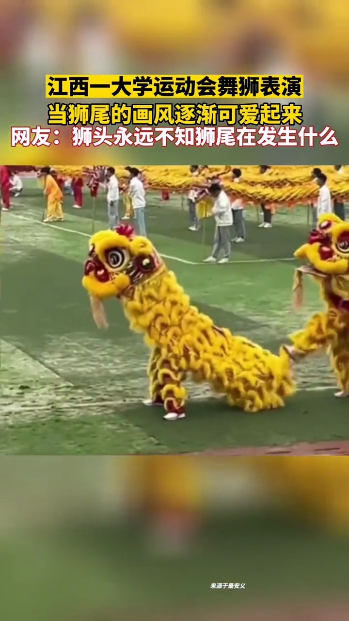 #舞狮表演 江西一大学运动会舞狮表演,当狮尾的画风可爱起来