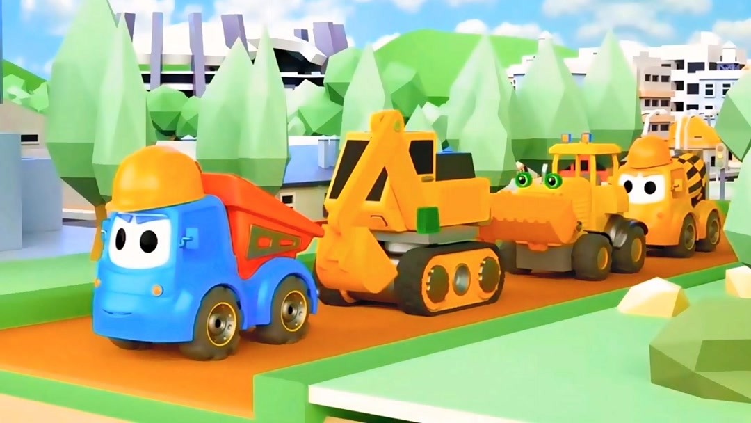 工程车挖机动画,铲车翻斗车和挖机修大桥