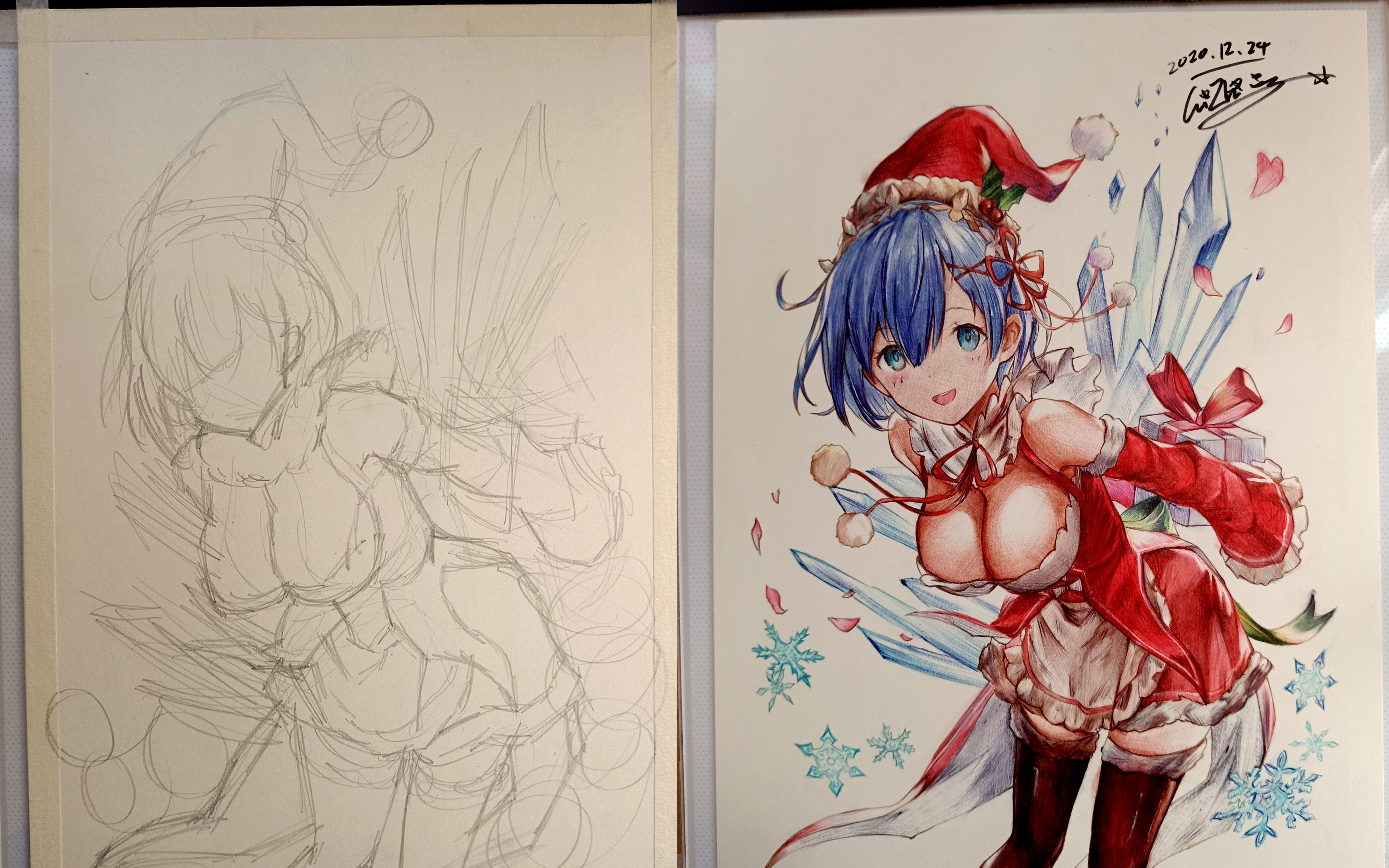 【手绘】教你临摹个圣诞蕾姆的教程(圆珠笔)超巨正在画