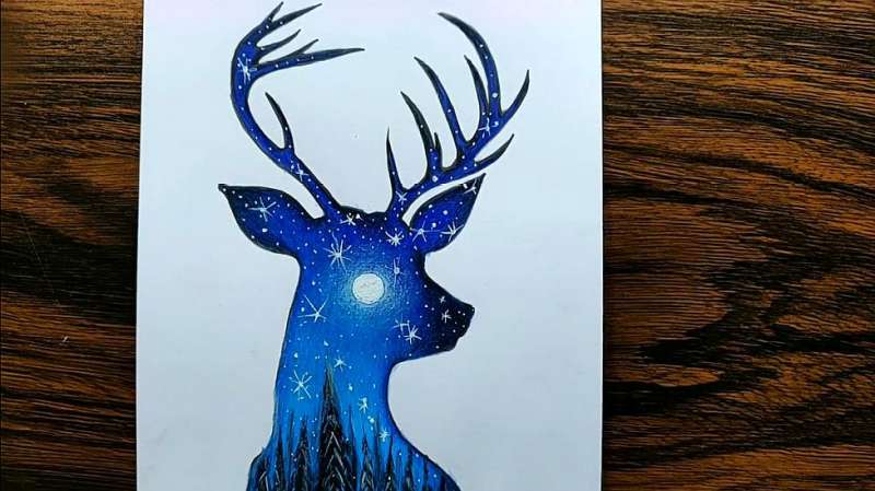 蜡笔彩绘,星空下的麋鹿
