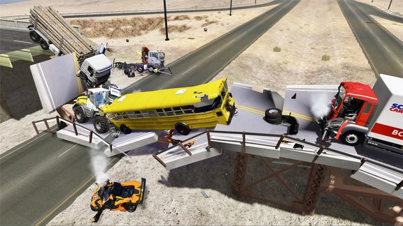 模拟桥梁垮塌事故,木材货车,校车和装载机连环相撞,车祸模拟器