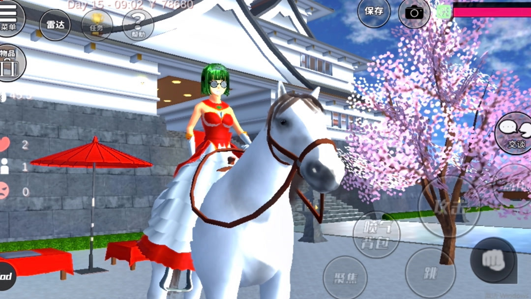 樱花校园模拟器:公主骑着白马来城堡品尝楼顶的美食,还有生鱼片