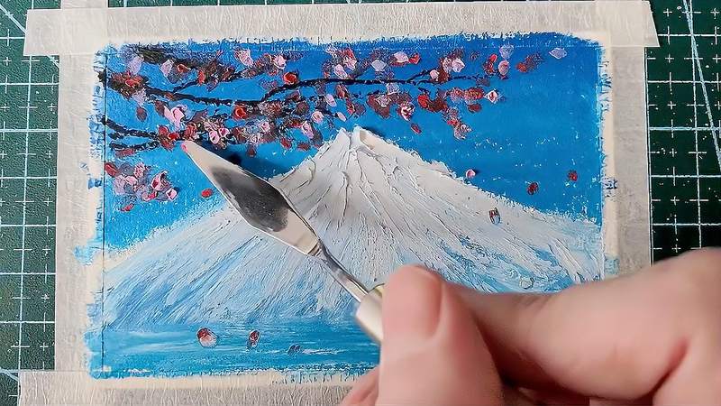 油画棒风景画教程,雪山和樱花