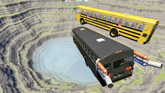 火箭校车,大巴车和货车助推房车车厢冲向超大采矿坑,车祸模拟器