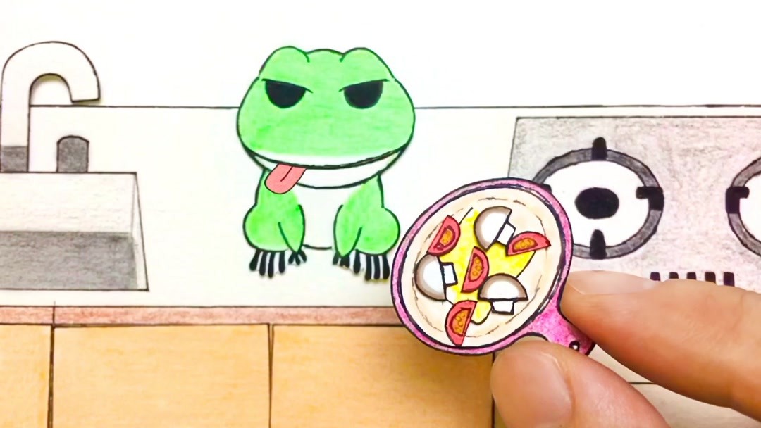 手绘定格动画:纸上厨房制作披萨,这青蛙好像在哪里见过