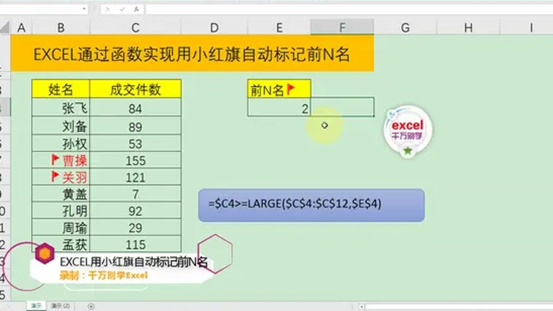 Excel中通过函数实现用小红旗图标自动标记前N名,简单到没朋友!