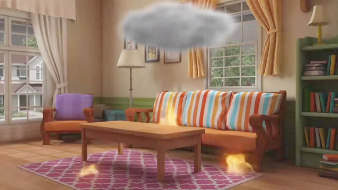 动画片:闪电云突然失控,闪电打到家具上面,家里着起火来了