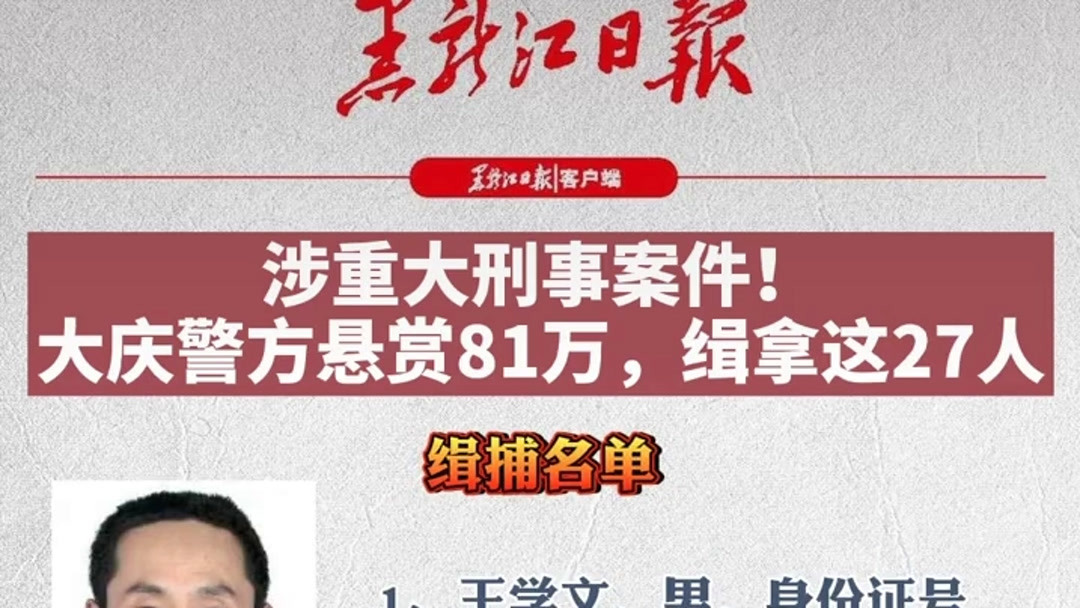 涉重大刑事案件!大庆警方悬赏81万,缉拿这27人!