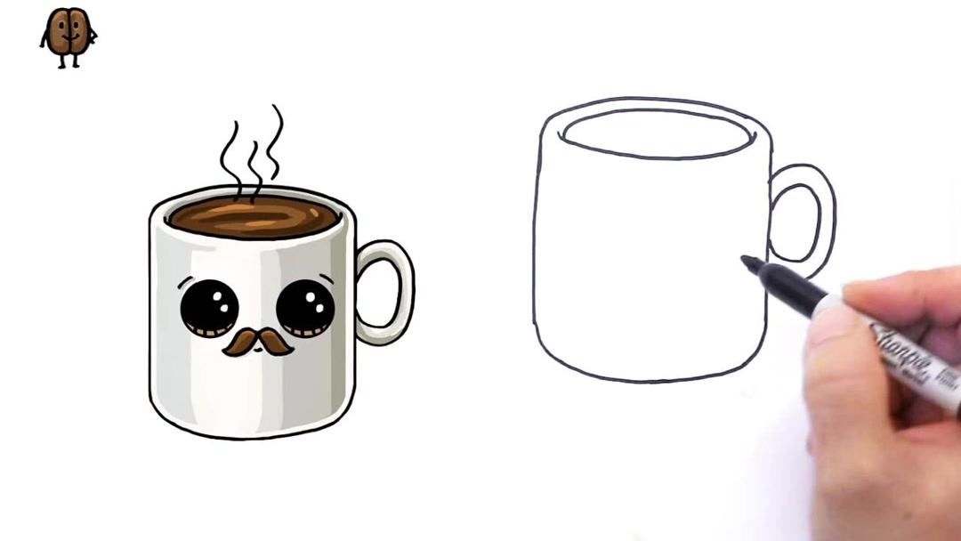 如何用胡子画咖啡可爱和简单的卡通杯