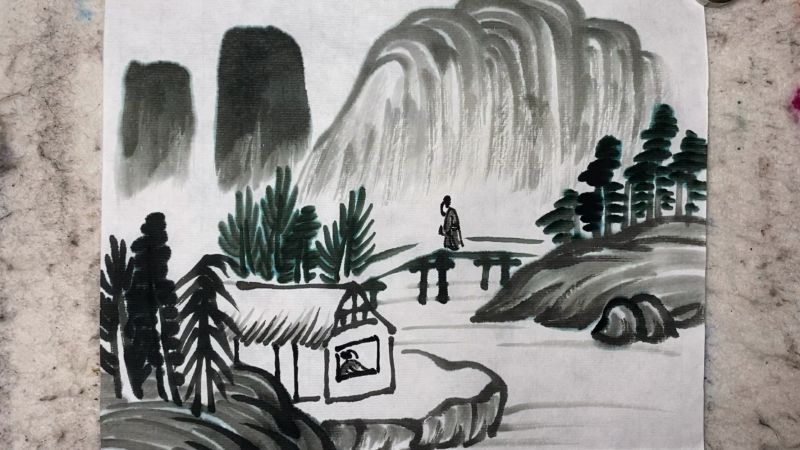 简单山水画教程,溪山访友,适合国画初学者