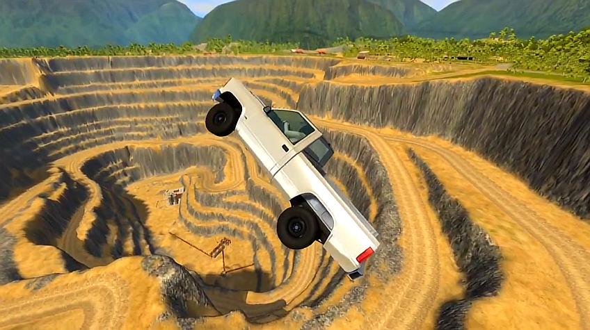 BeamNG:四驱皮卡车开足马力跳跃冲向超大矿坑,模拟真实车祸