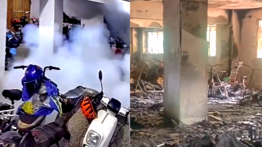 太可怕!宁波一电动车半夜充电自燃,同车库电动车被烧的只剩框架