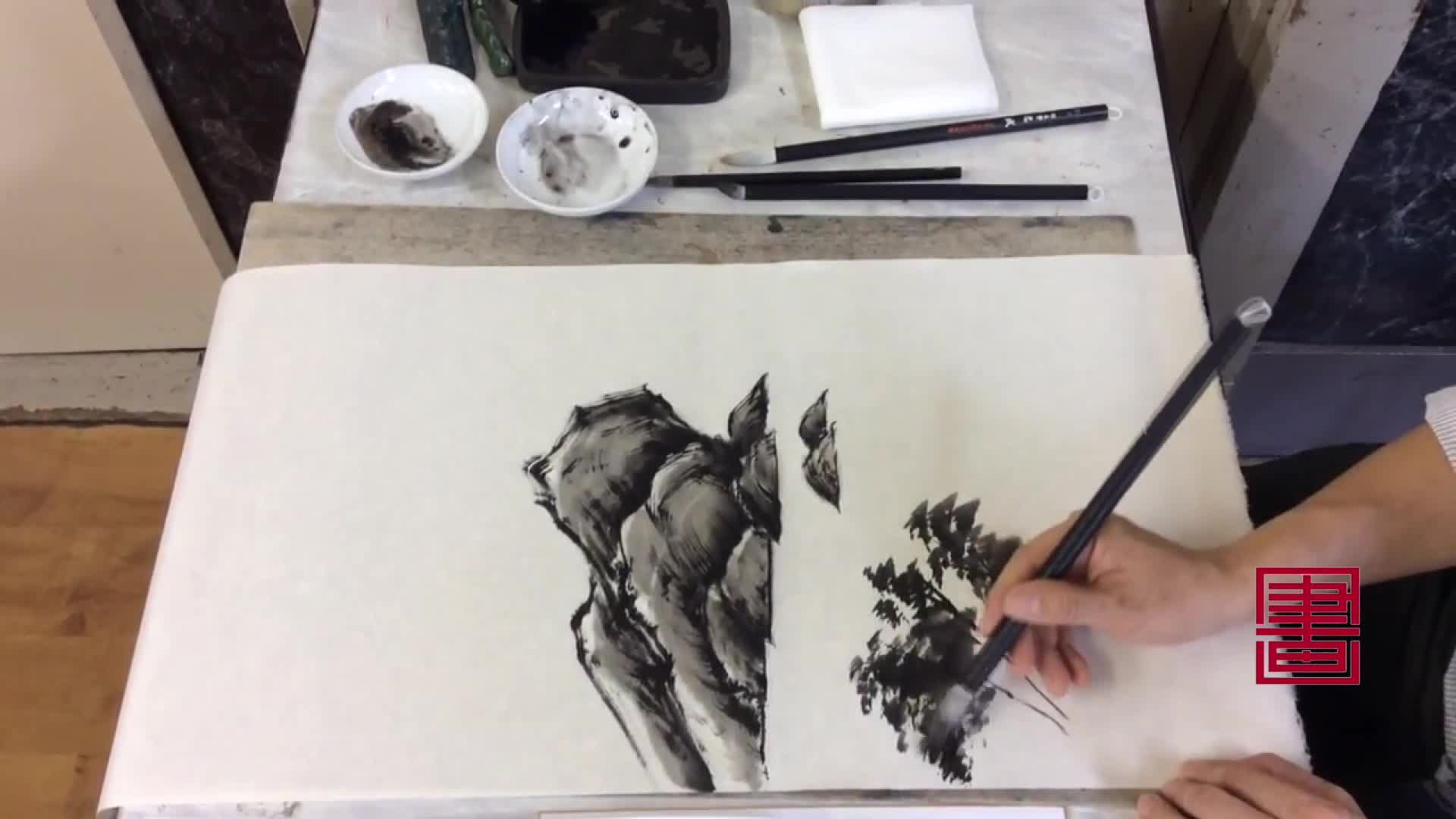 水墨山水画欣赏:全程用破笔法画山 画水 画树