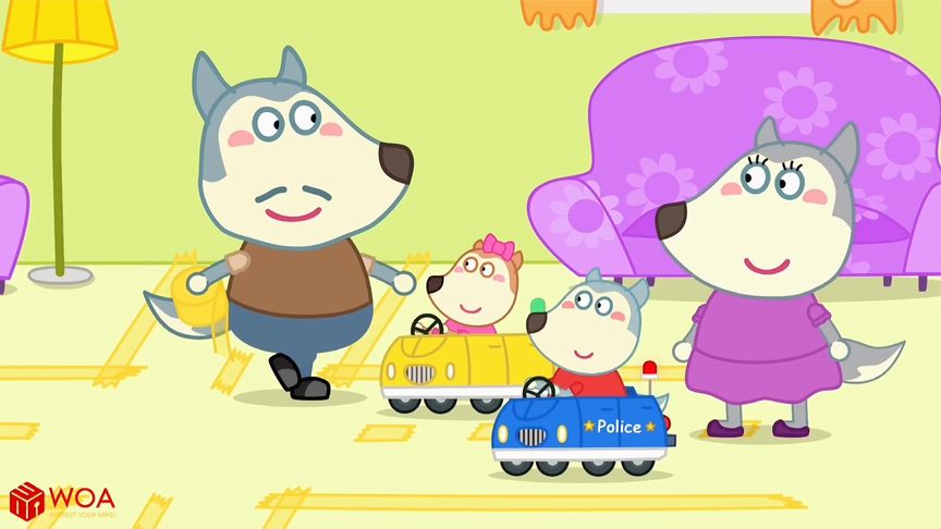 沃尔夫动画:沃尔夫和妹妹在家里玩小汽车,爸爸妈妈拿来了红绿灯