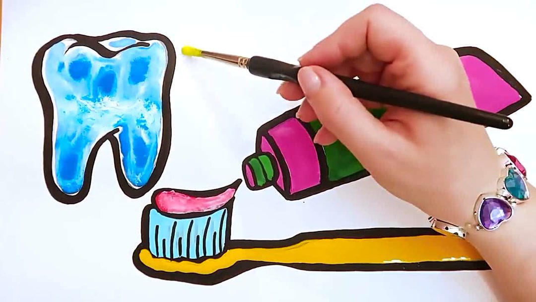 简笔画画牙刷牙膏钻石汉堡等,涂上颜色和闪粉,绘画教程