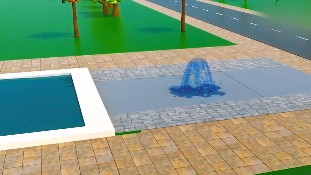 工程车儿童动画片,挖掘机、钻机和搅拌车儿童广场修建喷泉管道