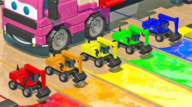 大卡车运送挖掘机变颜色,认识颜色,工程车早教益智动画