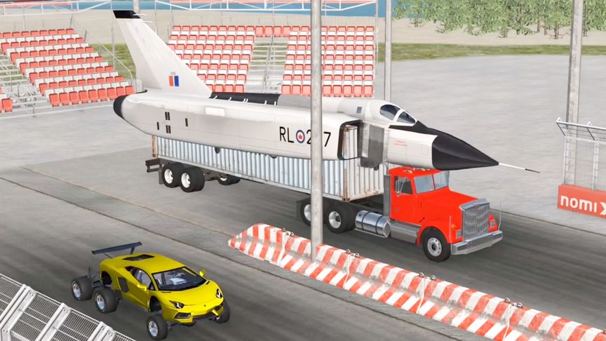 BeamNG:爆改战斗机vs兰博基尼加速比赛,拟真车祸模拟