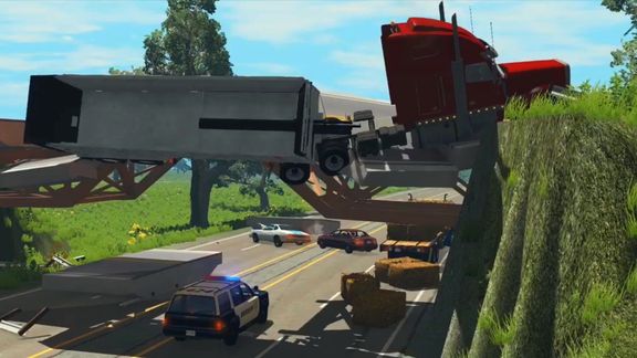 BeamNG:正在倒塌的桥梁导致各种汽车追尾相撞,拟真车祸模拟