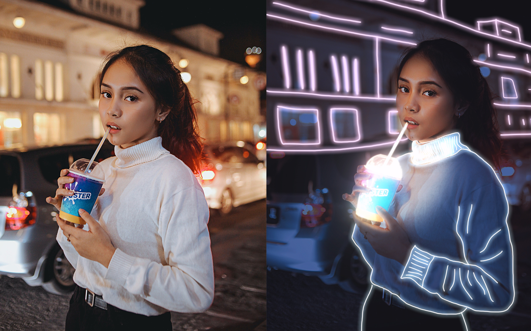 PS创意-发光霓虹灯线条缠绕周身 创造灯光氛围感 案例实操课程