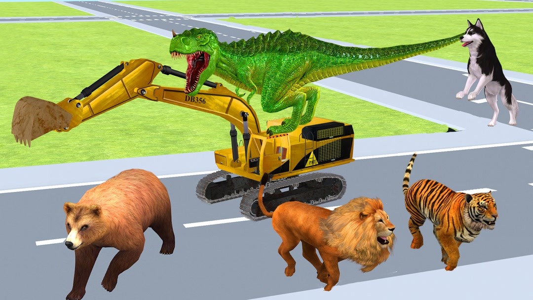 霸王龙开挖掘机,快无敌啦,哈士奇如何打败它~学英语动画片