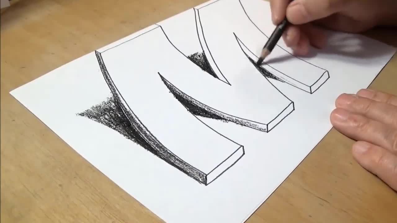 零基础3D立体画入门 用一支铅笔,画个3D立体字母M 第一集