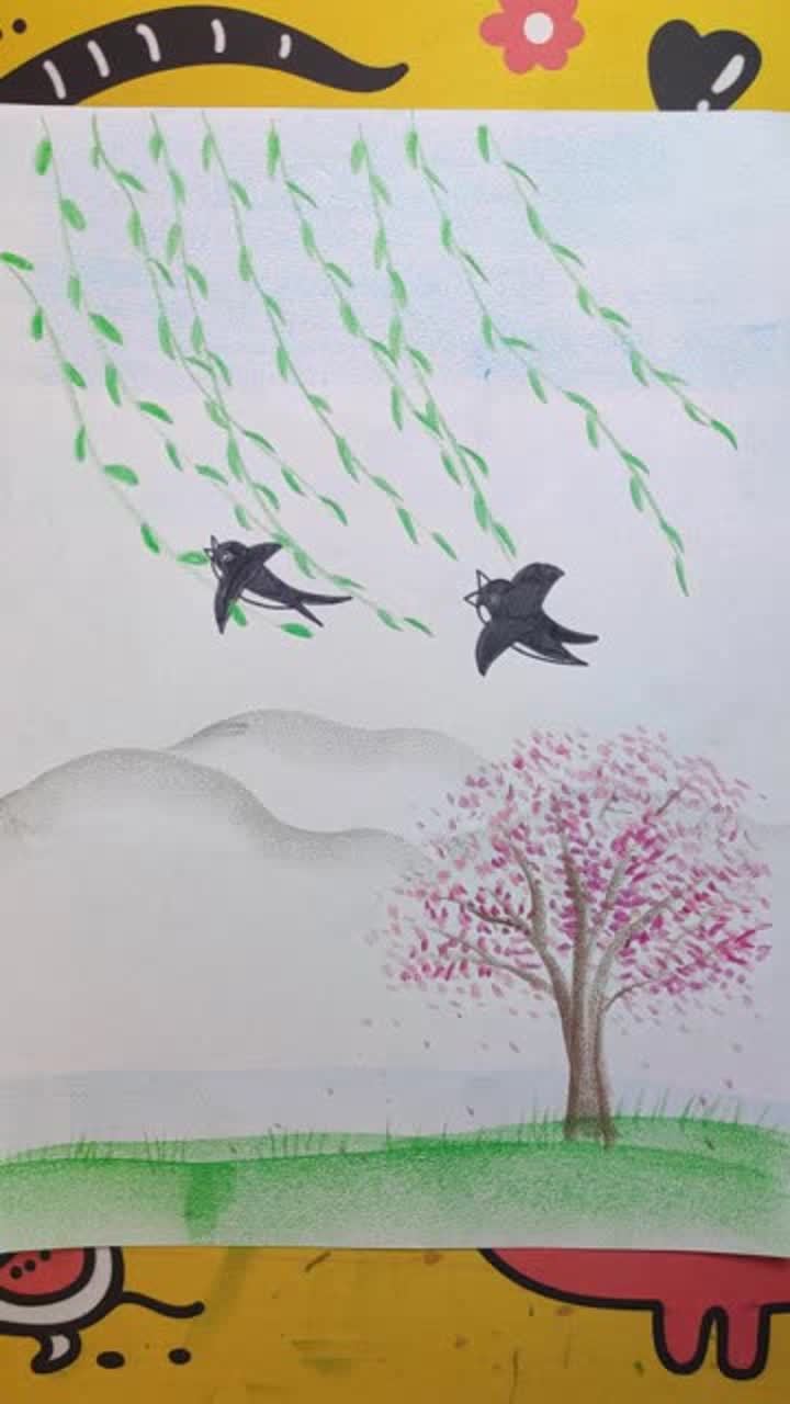 用油画棒画春天,简单易学