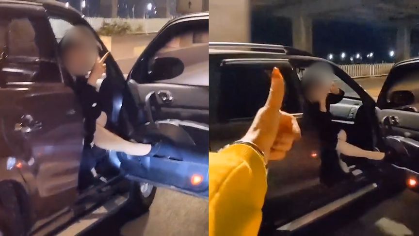 凌晨4点小车行驶时副驾车门敞开,女乘客大喊110,伸腿兜风还比耶