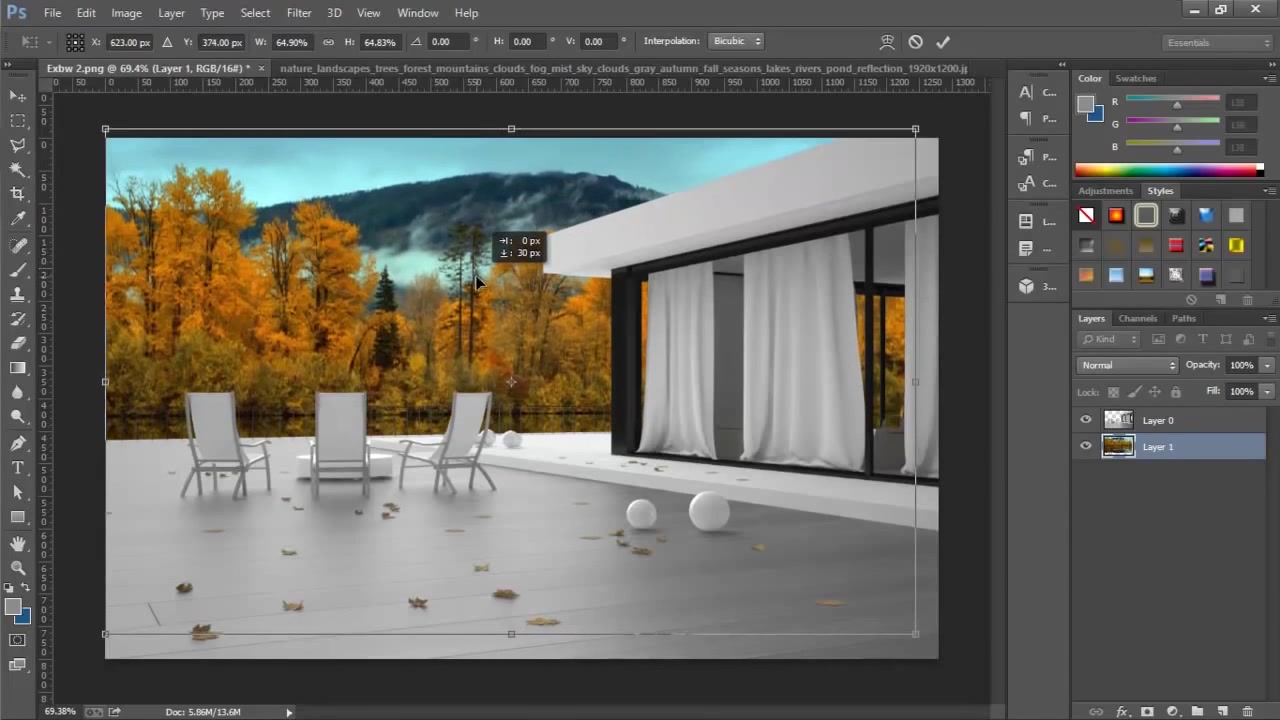 PS建筑表现效果图别墅背景合成