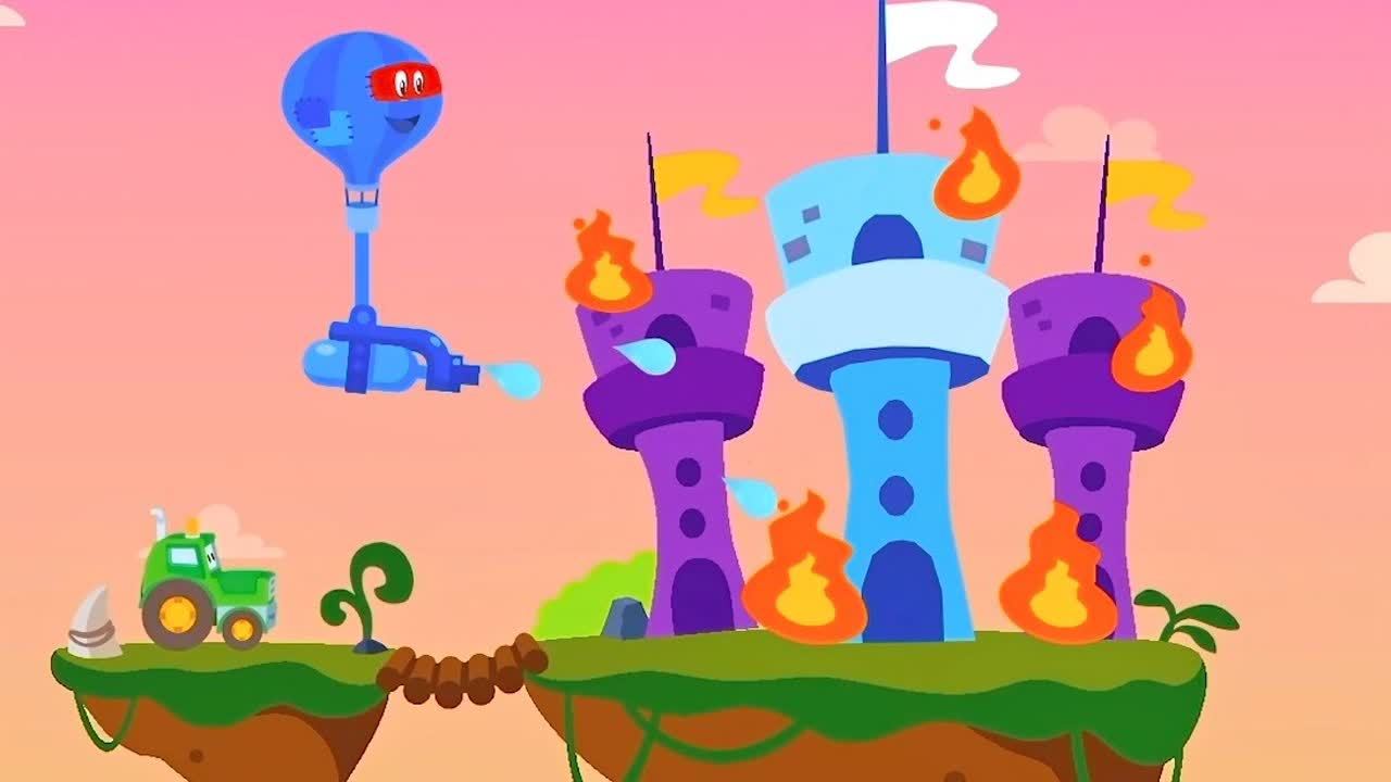 超级卡车卡尔18,天空城堡着火了,卡尔变身热气球来帮忙灭火