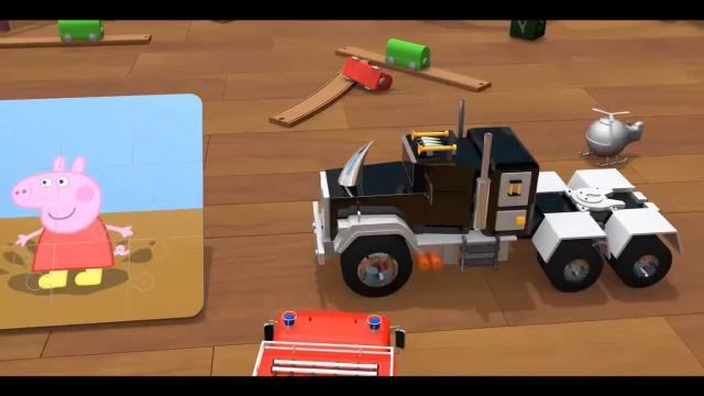 工程车动画:搅拌车土方车和小猪佩奇拼图