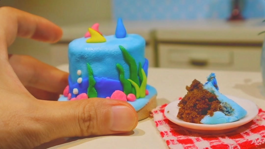 迷你厨房定格动画,DIY鲨鱼宝宝蛋糕,迷你烹饪蛋糕