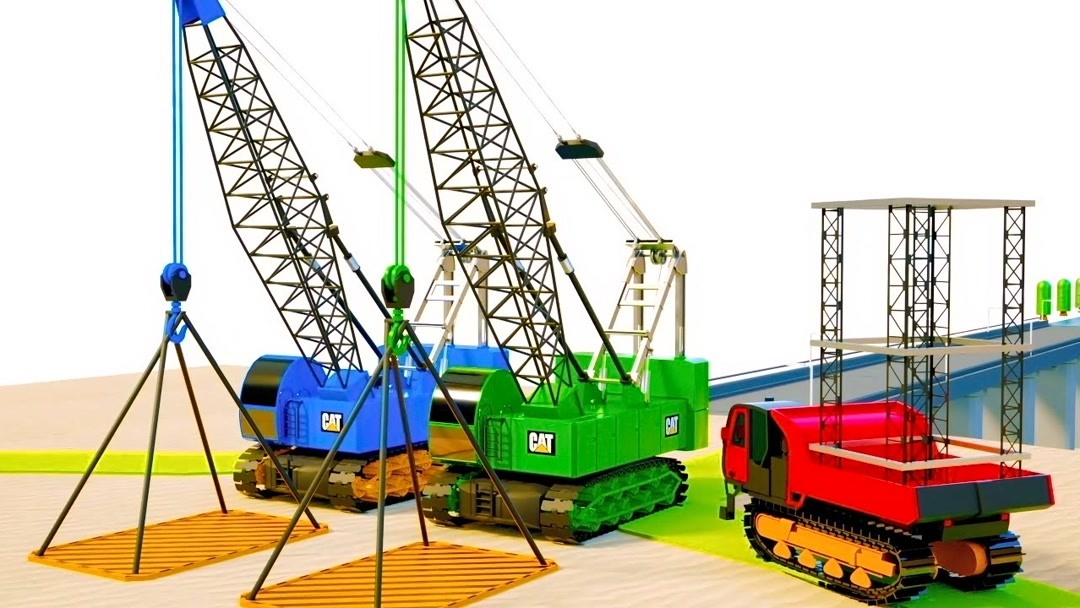 儿童工程车动画 钻洞机、吊车、卡车挖石油