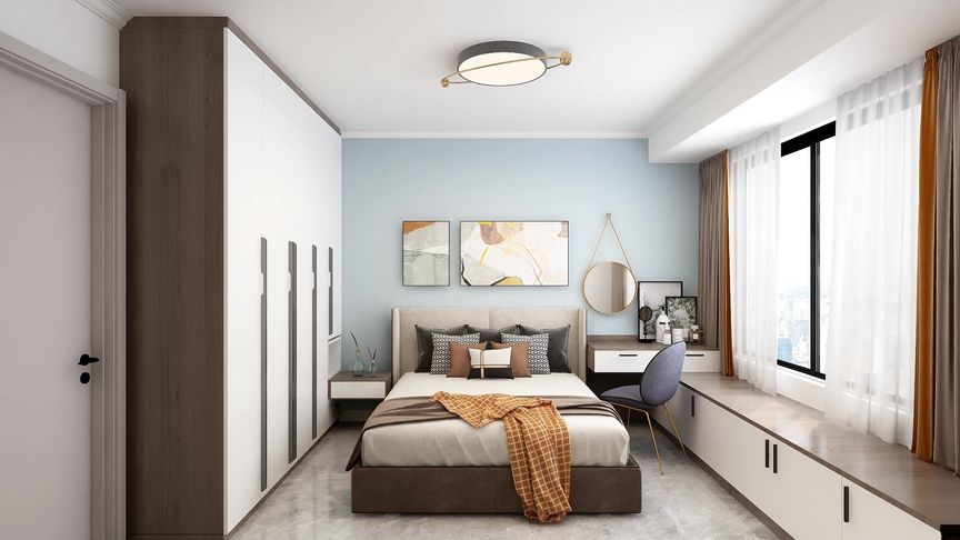 小户型卧室飘窗柜梳妆台一体设计,衣柜床头柜一体设计#阜阳装修