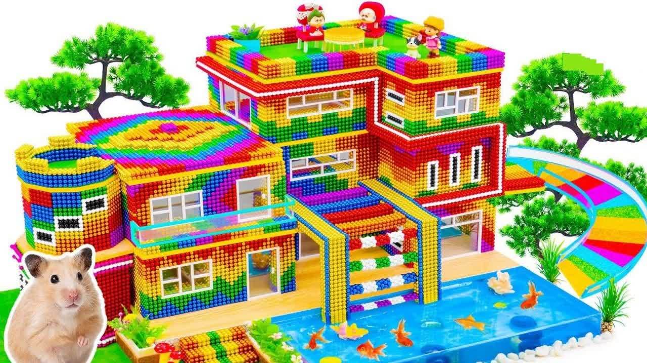 有趣DIY:为小仓鼠建造三层露台别墅,超炫酷的彩虹滑梯游泳池
