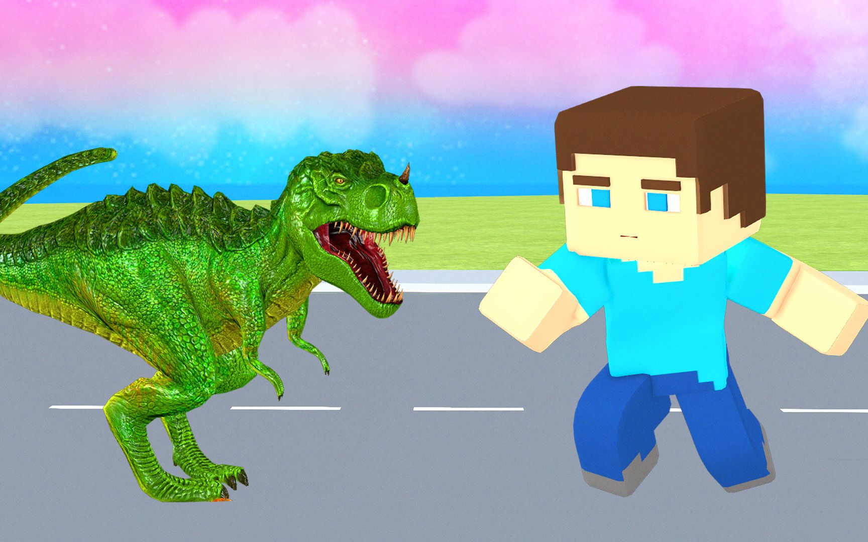 霸王龙无敌啦,驾驶玩具车来捣乱,史蒂夫快打败它~学英语动画片