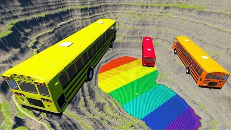 五彩大巴车争先恐后马力全开从采矿坑上冲向彩虹水池,车祸模拟器